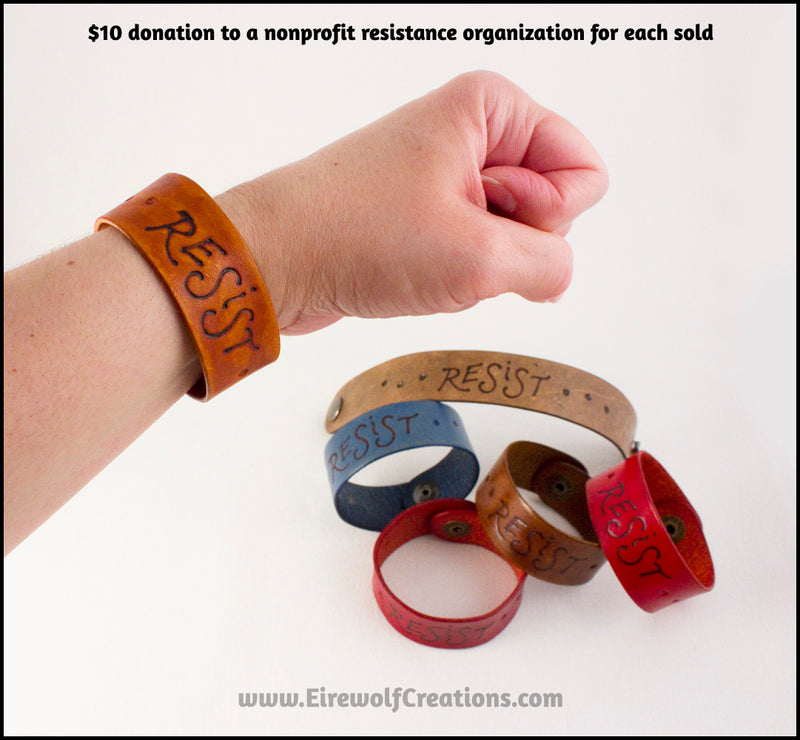 RESIST leather bracelet 1-inch handmade snap cuff with pyrography lett ...