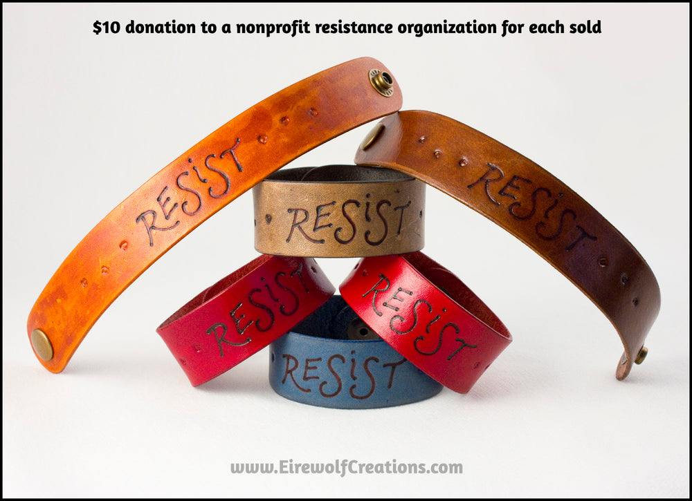 RESIST leather bracelet 1-inch handmade snap cuff with pyrography lett ...