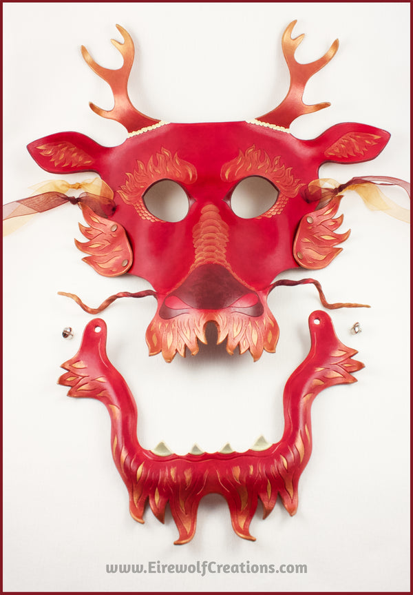 Red and Gold Eastern Dragon mask, handmade leather masquerade costume ...