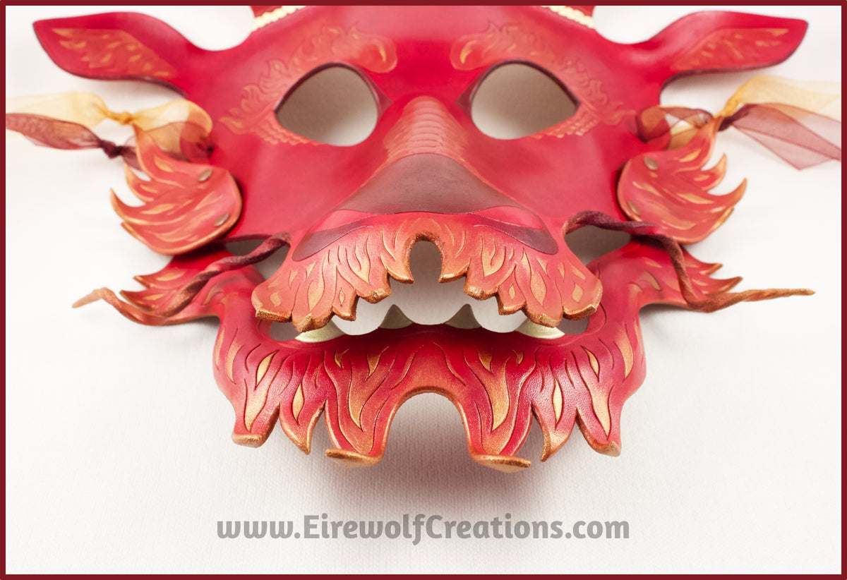 Red and Gold Eastern Dragon mask, handmade leather masquerade costume ...