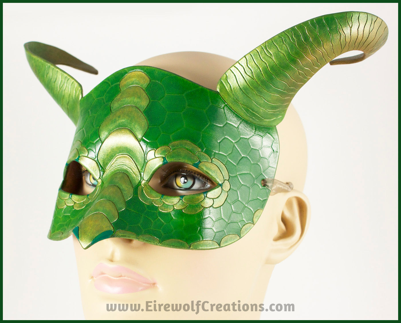 Scaled Green Dragon leather mask, handmade horned masquerade costume m ...